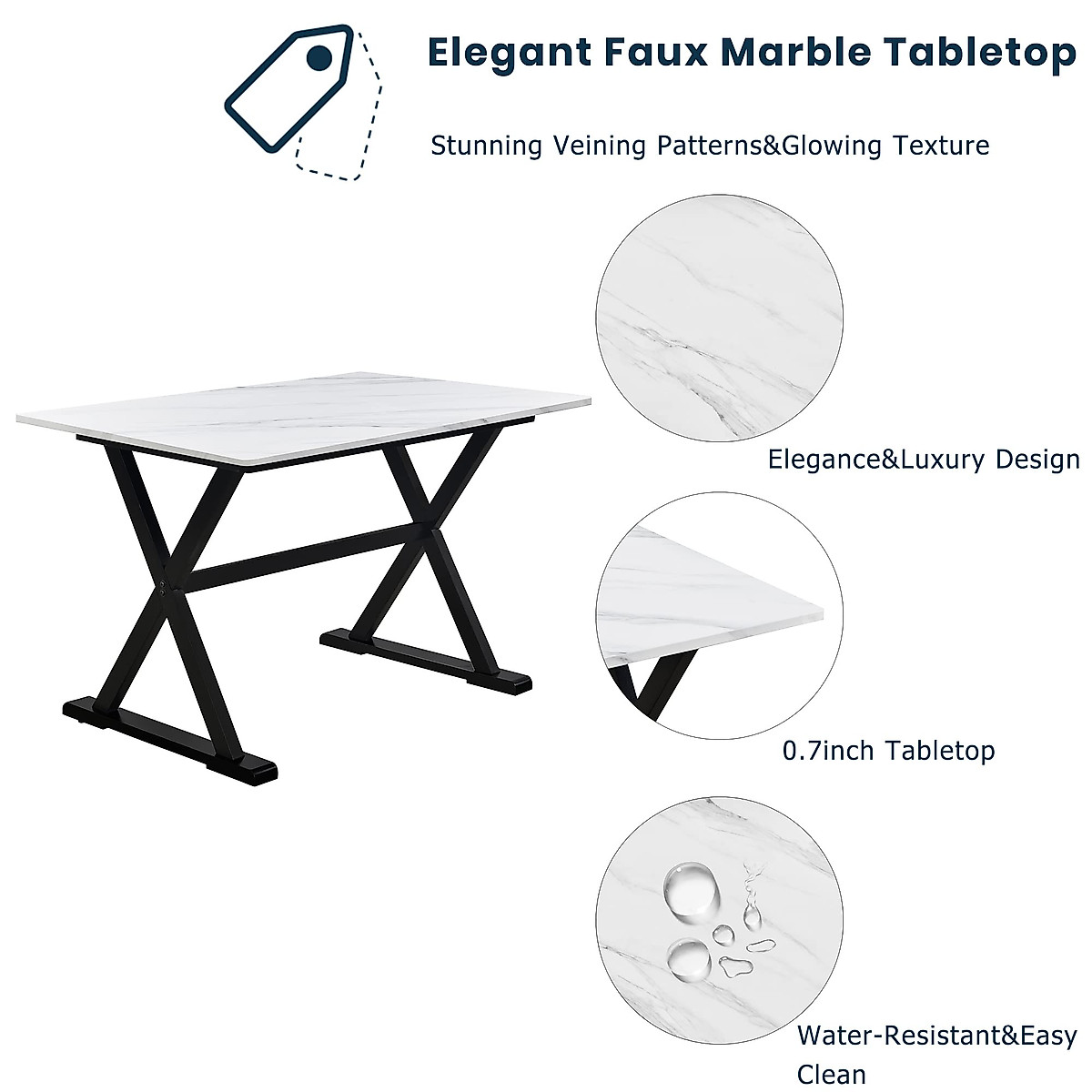 LZ LEISURE ZONE Dining Table Set, Solid Wood 5-Piece Dining Set with Faux Marble Tabletop and Upholstered Dining Chairs for 4, Dining Room Sets, White+Beige