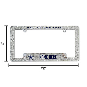 Rico Industries NFL Football Dallas Cowboys Silver Glitter Personalized 12" x 6" Chrome All Over Automotive Bling License Plate Frame Design for Car/Truck/SUV