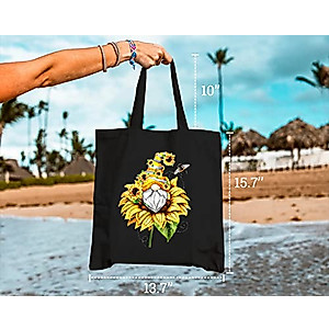 GXVUIS Canvas Tote Bag for Women Aesthetic Sunflower Gnome Reusable Grocery Shoulder Shopping Bags Girls Gifts Black