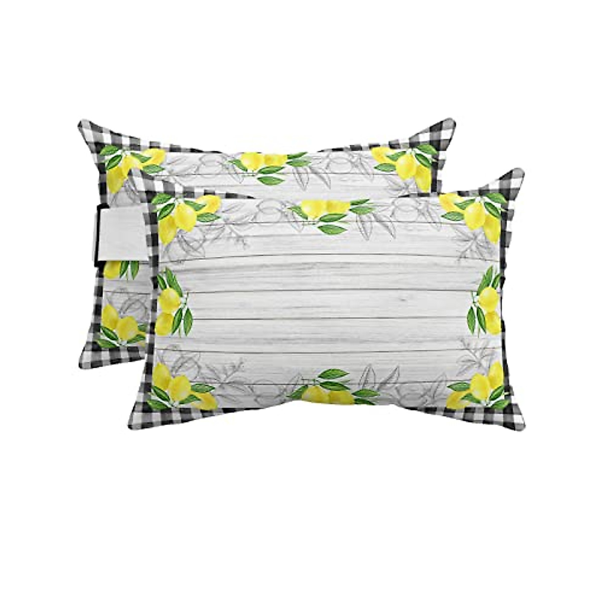 Recliner Head Pillow Ledge Loungers Chair Pillows with Insert Summer Lemon Black White Buffalo Plaid Retro Wood Grain Lumbar Pillow with Adjustable Strap Patio Garden Cushion for Bench Couch, 2 PCS