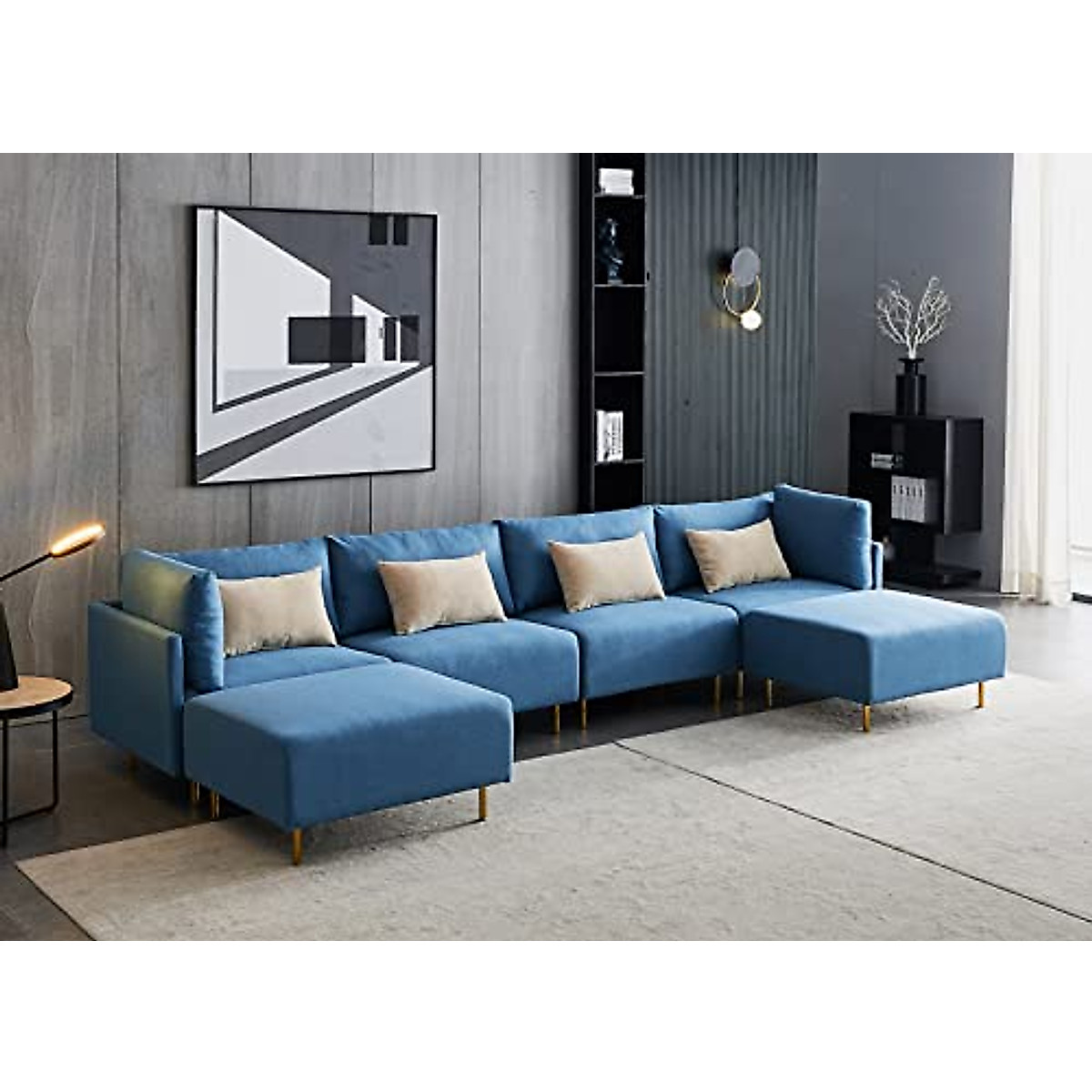 Linen Upholstered 6 Seats U Shaped Modular Sofa Modern Convertible Sectional Sofa Couch with Reversible Chaise Lounge and 4 Pillows L Shaped Couch Extra Wide Seat for Living Room Apartment 143” Blue