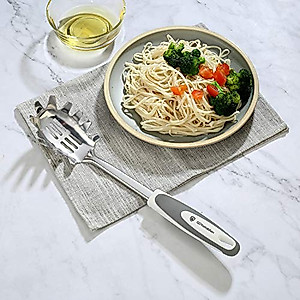 Premium Spaghetti Spoon Server Set - Stainless Steel Slotted Pasta Spoon and Fork with Comfortable Grip Design - Ideal for Serving and Straining Spaghetti, Noodles, and More - Set of 2 With Bonus Gift