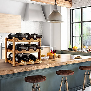 Wine Rack 9 Bottle 3-Tier Wood Wine Storage Easy-Assembly Space-Saving for Wine Lovers,Kitchen Wine Organizer for Countertop,Table Top,Pantry, Home,Room Decor,Bar,Cellar Basement (3-Tiers)