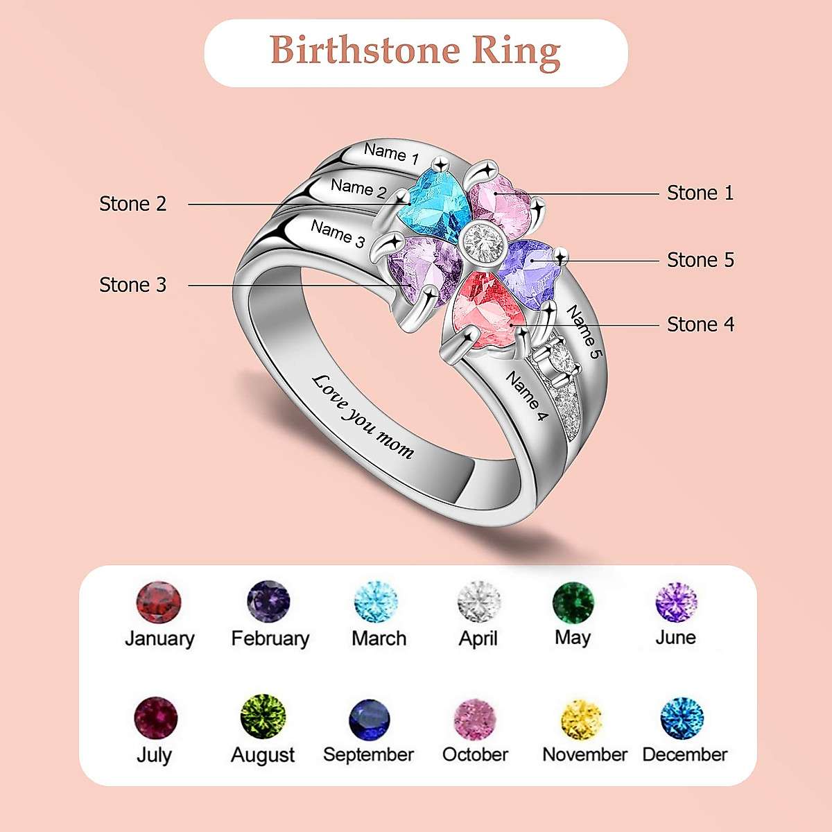 Sterling Silver Personalized Mothers Rings Gifts with 5 Simulated Birthstones Custom Family Name Ring Jewelry for Women Mom Grandmother for Mother’s Day Christmas