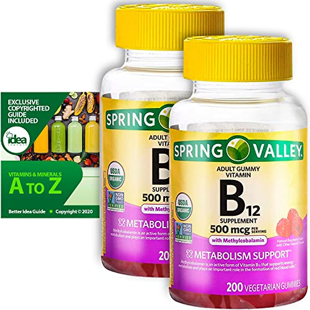 Vitamin B12 Organic Vegetarian Gummies, Metabolism Support with Methylcobalamin by Spring Valley, 500 mcg, 200 Ct (2 Pack) + “Vitamins & Minerals -  A to Z - Better Idea Guide©”