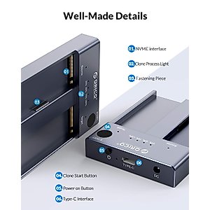 ORICO M.2 NVMe Cloner Dual-Bay NVMe Docking Station USB C to NVMe SSD Enclosure Aluminum M.2 Duplicator Offline Clone for PCIe M-Key SSDs max to 8TB Tool Free-M2P2