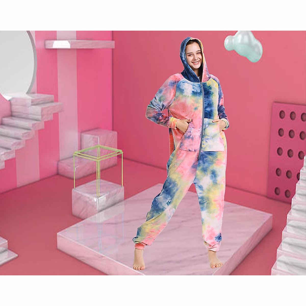 Lifeye Adult Jumpsuit Pajamas Hoodie Homewear Romper Sleepwear Tie Dye Costume for Women Men