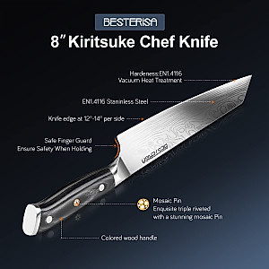 BESTERiSA Kiritsuke Chef Knife ，8 Inch Professional Chef Knife German Stainless Steel EN1.4116 Ultra Sharp Vegetable Meat Cleaver Knife with Knife Guard