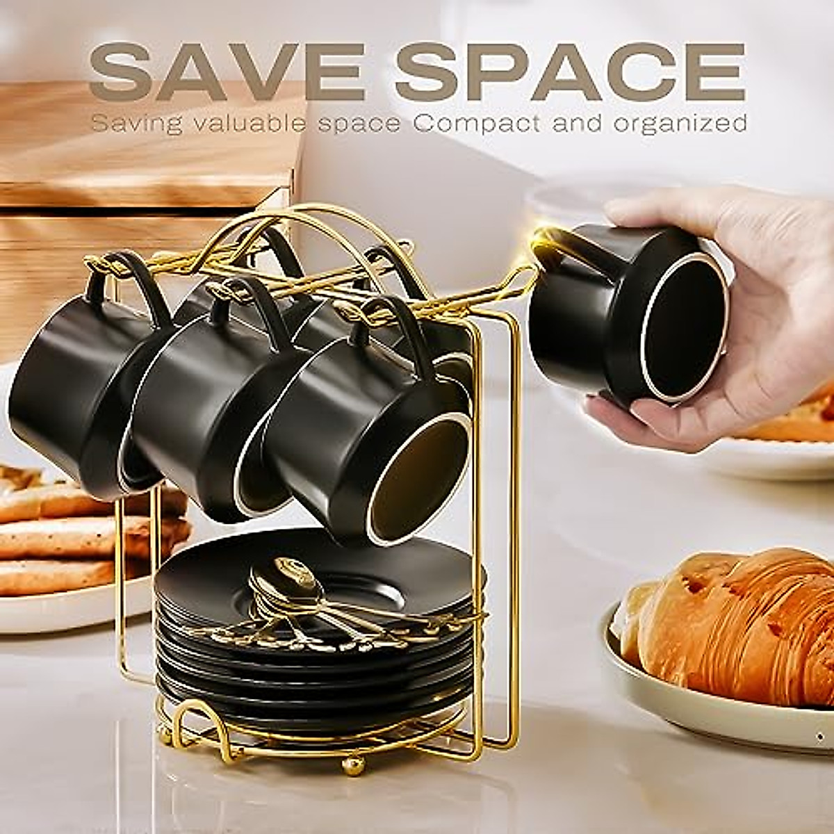 Lareina Espresso Cups with Saucers, Spoons and Metal Stand, Small 4 oz Ceramic Cappuccino Coffee Cups Set of 6, Cute Demitasse Cups with Handle for Nespresso Lungo, Double Espresso, Cortado(Black)