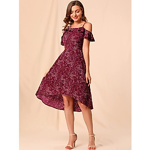 Allegra K Women's Spaghetti Strap Ruffled Sleeves Asymmetrical High Low Floral A-Line Midi Dress Large Wine Red