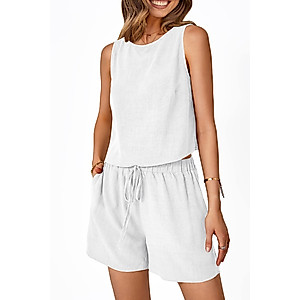 PRETTYGARDEN Women's 2024 Summer 2 Piece Outfits Casual Button Back Crop Tank Tops and High Waist Shorts Set (White,Medium)