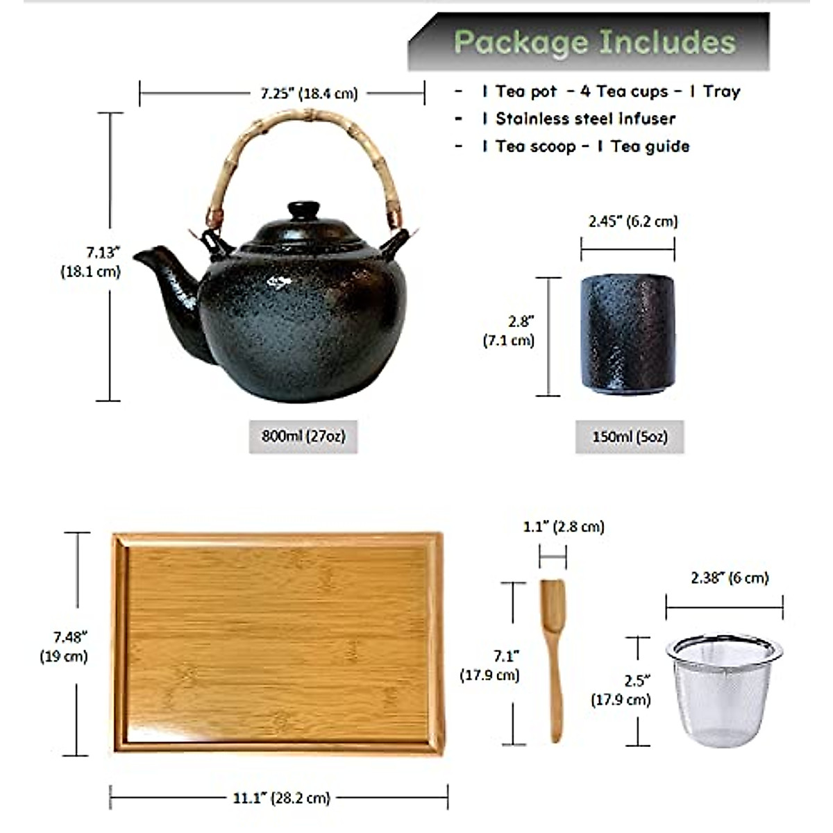 Japanese Asian Tea Set Ceramic Teapot with Strainer, Rattan Handle, 4 Tea Cups, Tea Scoop, Wooden Serving Tray and Instructions - Modern Teapot Set for Home and Office - Gift
