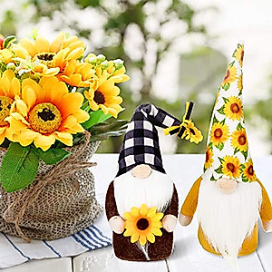 3 Pieces Summer Swedish Gnomes Decor Spring Buffalo Plaid Rustic Tiered Tray Decorations Plush Sunflower Ornaments for Home Garden Kitchen Decor