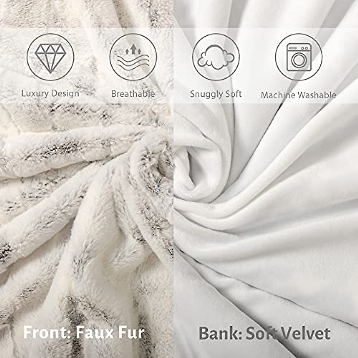 Snuggle Sac Plush Faux Fur Throw Blanket, Warm and Cream Fuzzy Blanket with Marble Pattern Print, Decorative Blanket for Couch Sofa Chair Bed Living Room, 50" X 60", Gray Beige