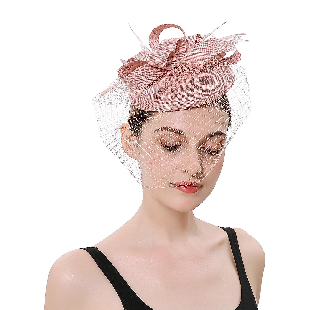 Focupaja Fascinators Hats Women Pillbox Hat with Mesh Veil Feathers Derby Headband Wedding Headwear Tea Party Hair Clip 20s 50s Top Hat W4-38-Pink