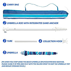 MEWAY 6.5ft Beach Umbrella with Sand Anchor & Tilt Mechanism, Portable UV 50+ Protection, Outdoor Sunshade Umbrella with Carry Bag, for Garden Beach Outdoor