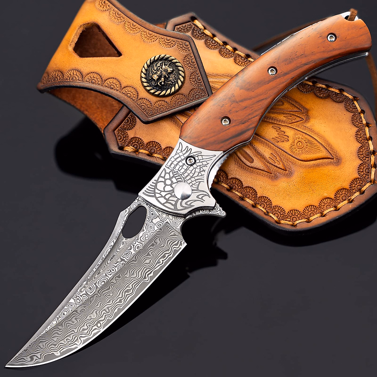 LOTHAR Damascus Pocket Knife for Men, 8.03" VG10 Folding Knife with Retro Leather Sheath,Sandalwood Handle, Classical Bolster, Lanyard Hole, EDC Knife Anniversaries, Christmas, elegant gifts for Men (Yellow)