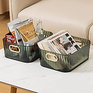 Plastic Storage Bins, Food Storage Bins with Handles, Stackable PET Organizer Baskets for Refrigerator, Cabinet, Kitchen, Countertops, Cupboard Organization - 2 Pcs (Clear Green)