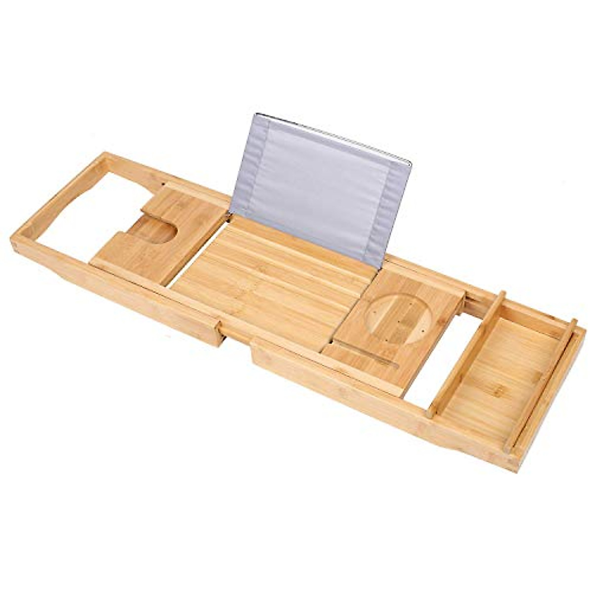 BOSSJOY Luxury Wood Bamboo Bathtub Bath Tub Caddy Tray with Extending Sides Built in Book Tablet Phone Wineglass Holder