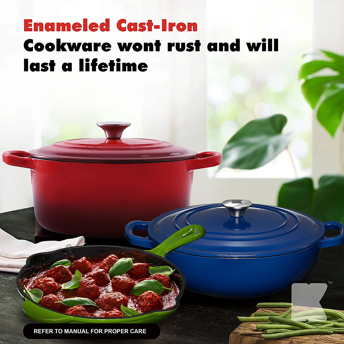 Enameled Cast Iron Cookware Set - 5 Pieces Solid Colored Braiser Dish, Fry Pan, & Dutch Oven Pot with Lids - Heavy Duty Non-Stick Kitchen Cookware Sets for Induction, Gas Stoves & All Cooktops