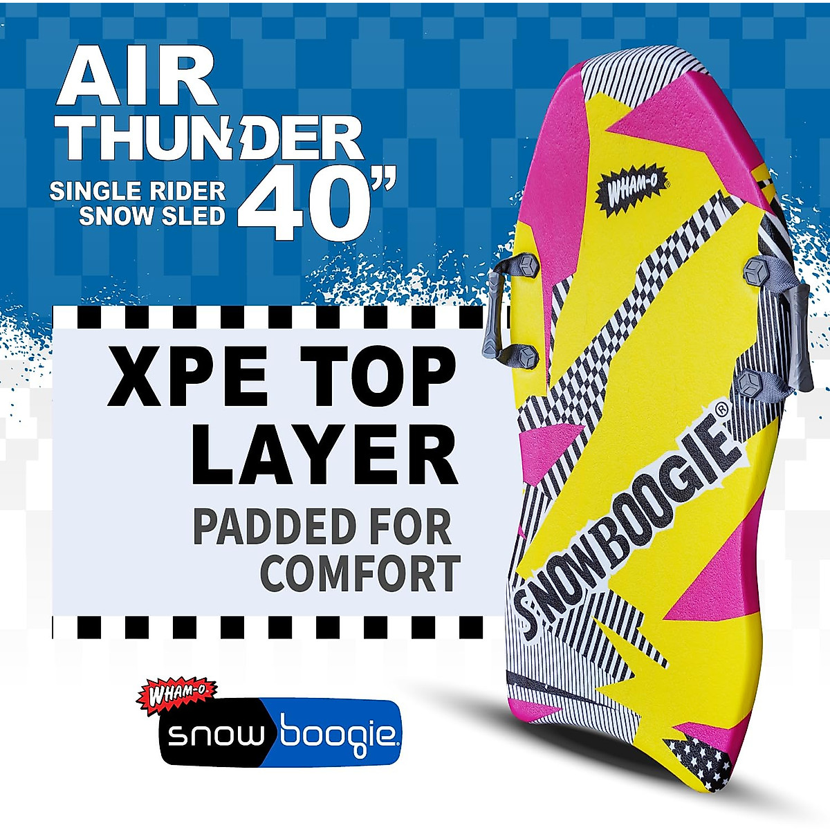 Snowboogie Wham-O Air Thunder 40" | Single Rider Snow Sleds with Side Handles | PE Foam Core for Better Comfort | Snow Sledding for Adults & Children (40 inches) (Yellow Pink)