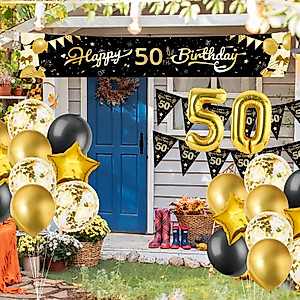 Large 9.8X1.6ft Happy 50th Birthday Decoration Banner, Black and Gold Happy Birthday Party Decoration Set Anniversary Celebration Backdrop 50th Birthday Foil Latex Balloons for Men and Women
