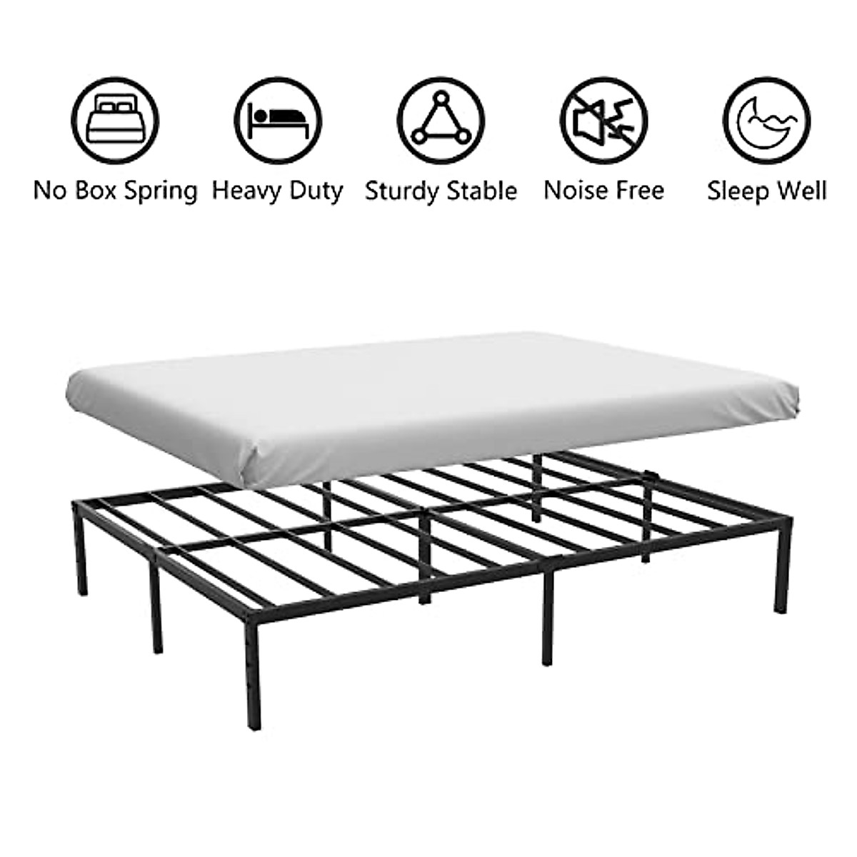 LIJQCI 18 Inch Queen Bed Frame, Heavy Duty Platform Metal Bed Frame Queen Size No Box Spring Needed, Non-Slip Steel Slat Support Up to 3000 lbs/Easy Assembly/Noise Free/Black