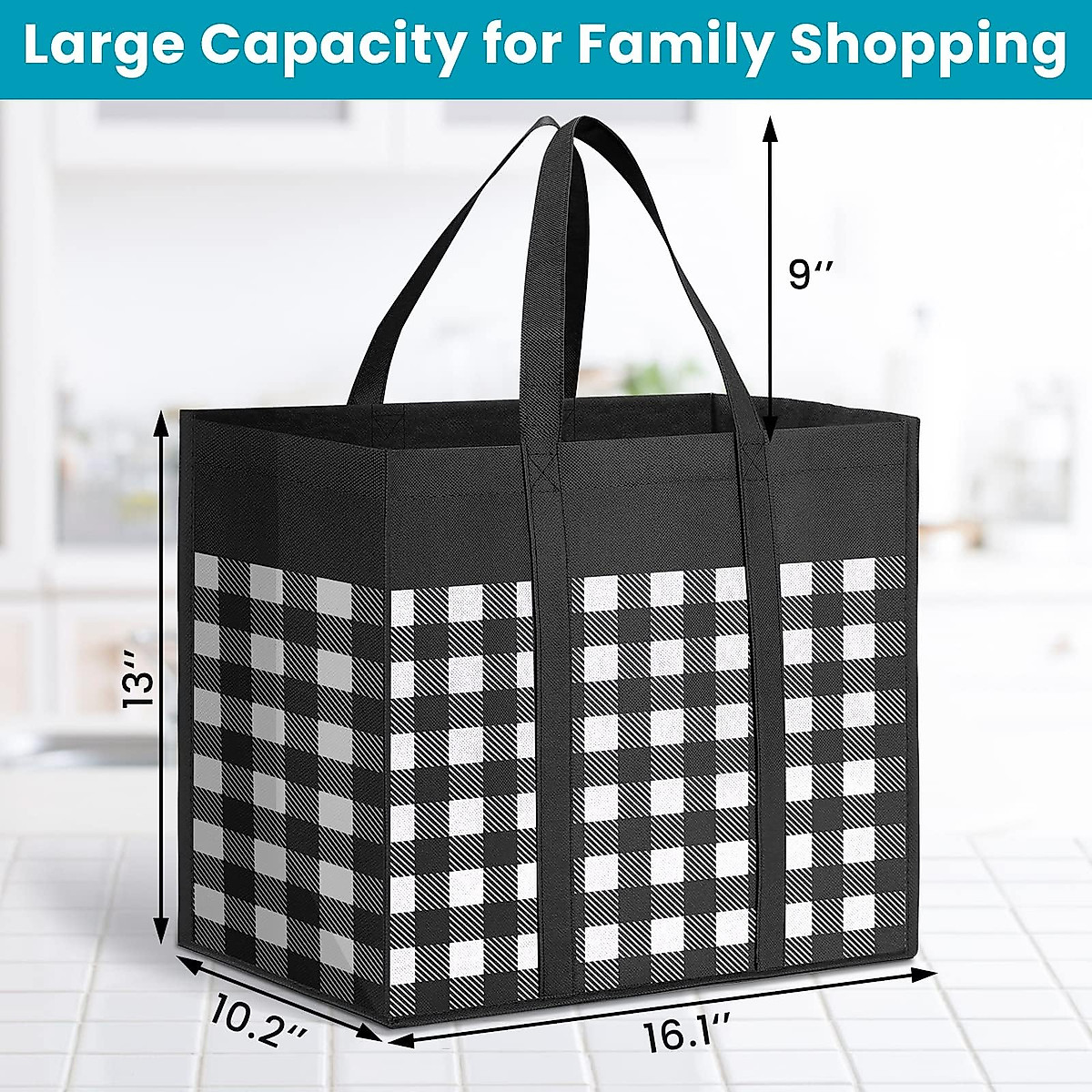WOWBOX Reusable Grocery Bags,6-Pack, Foldable Reusable Shopping Tote Bags bulk with Reinforced Handles,Large Storage Bags with Water Resistant Coating for Groceries,Multipurpose,Black-White