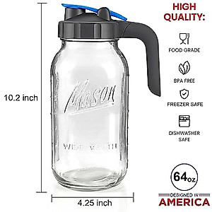 2 Pack 64 oz Sun Tea Pitcher, Half Gallon Mason Jar Pitcher with Wide Mouth Airtight Lid for Ice Tea, Cold Brew Coffee, Fridge Water, Breast Milk, Juices, Leak Proof