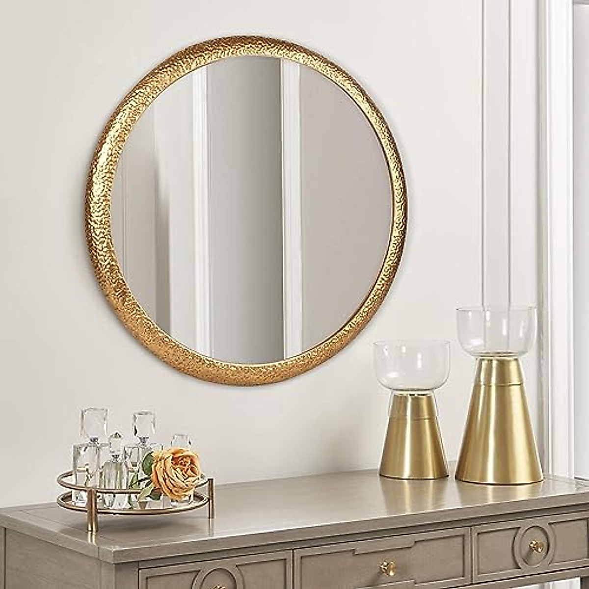 Varsoul 30 * 30in Antique Gold Decorative Metal Framed Round Wall Mirror，Decorative Accent Wall Mirrors Modern for Living Room, Entryway, Foyer, Hallway, Bedroom