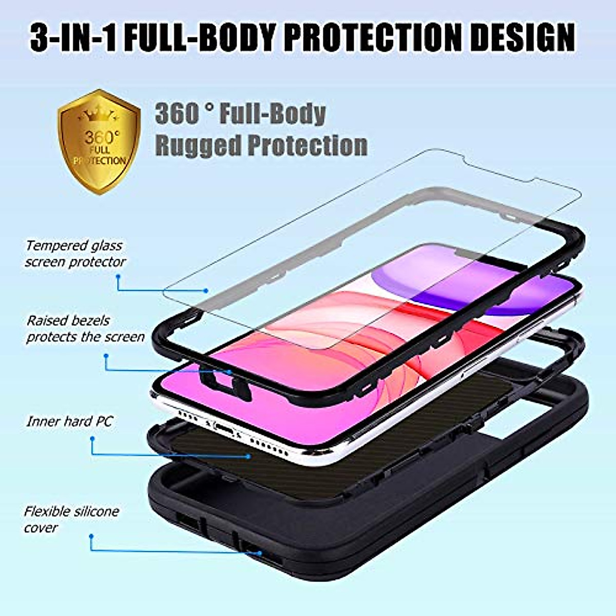 OTTARTAKS iPhone 11 Case with Screen Protector, Street Fashion Full Body Rugged Heavy Duty Case for Boys Men, Shockproof 3-Layer Defender Protective Case for iPhone 11 6.1inch, Camo Shark
