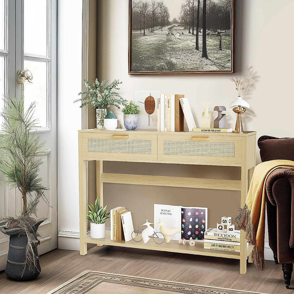AWQM Rattan Console Table, Narrow Long Entryway Table with 2 Drawer, Modern Sofa Table with Open Shelf, Hallway Table for Living Room, Foyer, Bedroom, Oak