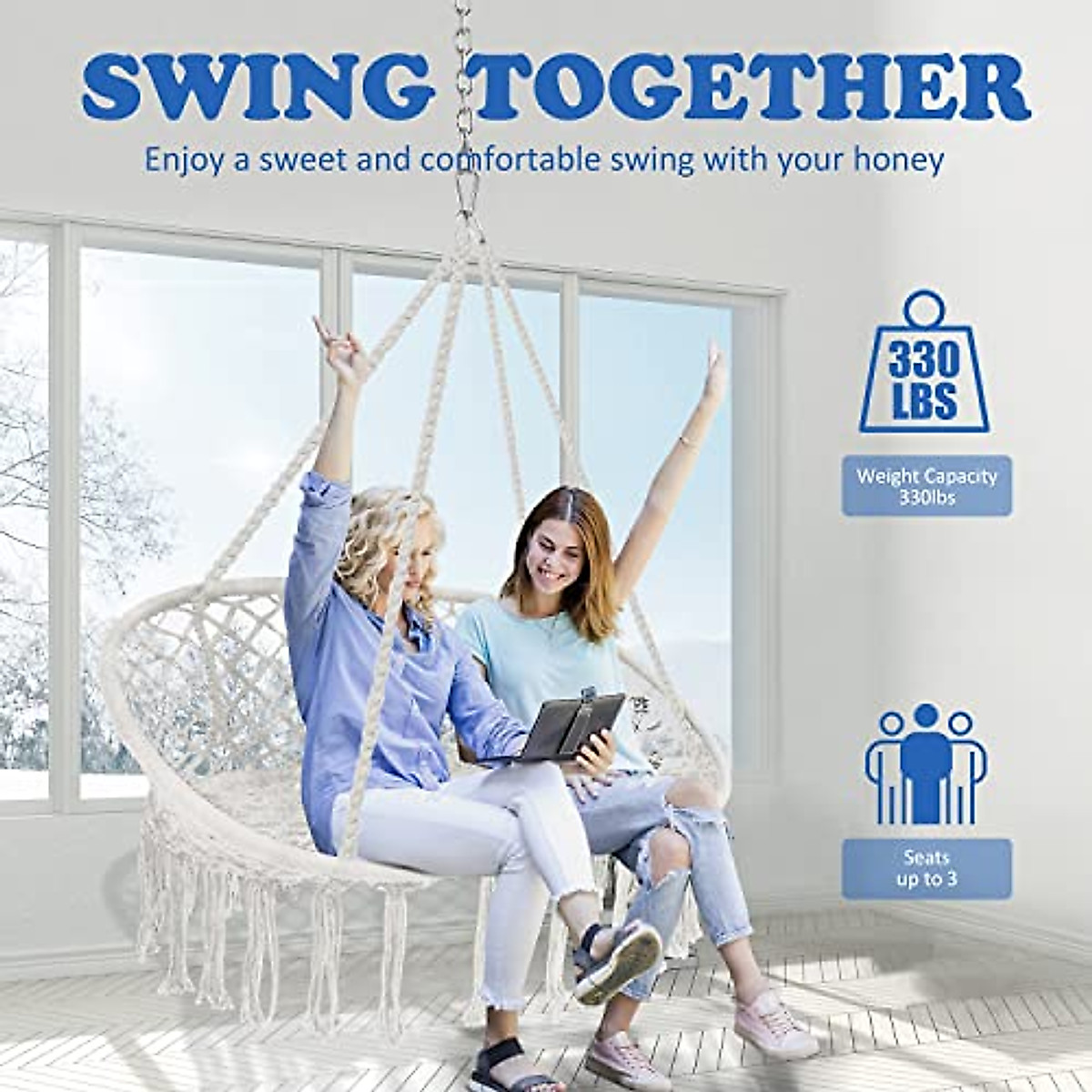 Grassman Hammock Chair Macrame Swing, Macrame Indoor Outdoor Hanging Chair Swing Handmade Knitted Mesh Two Person