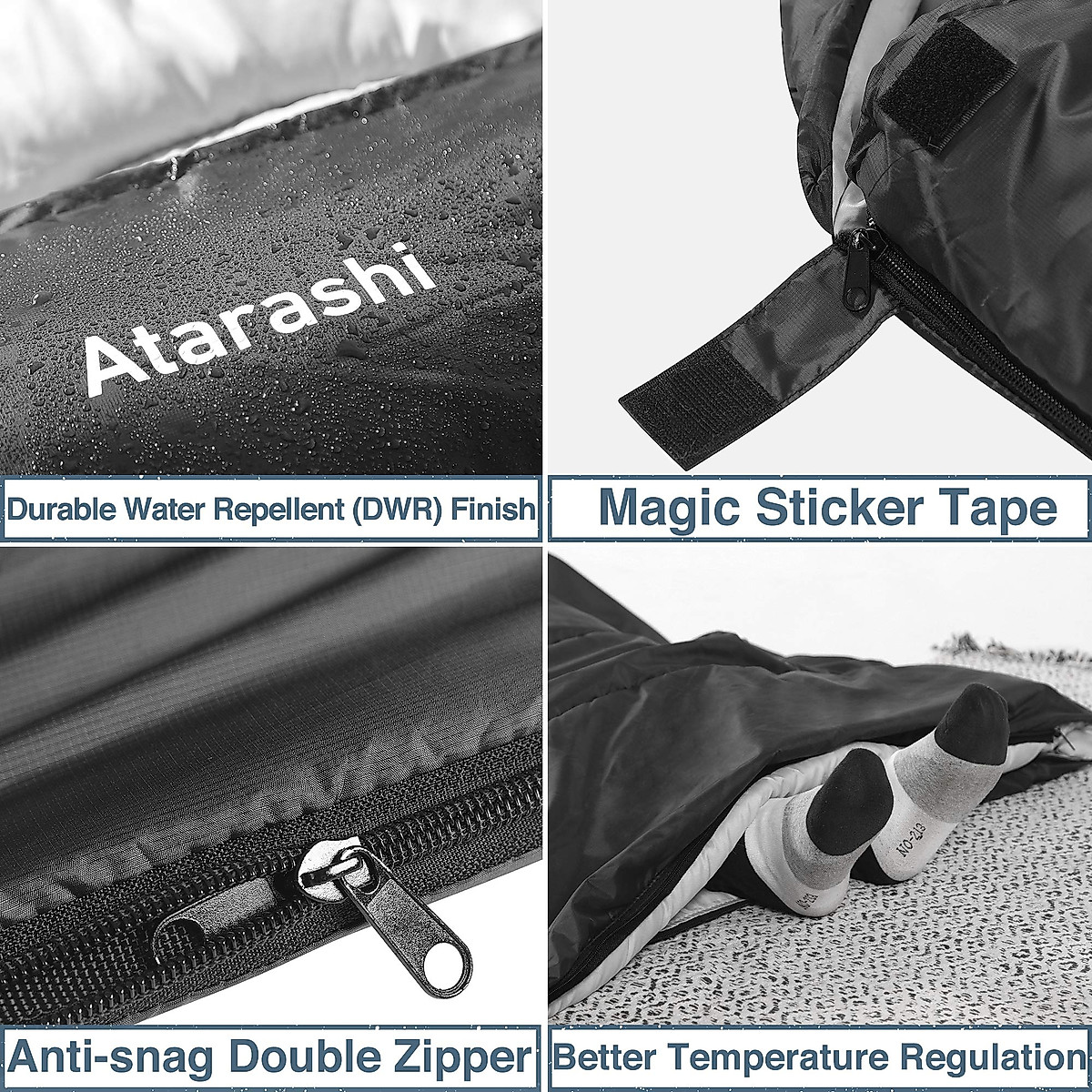 Atarashi Wide Sleeping Bags for Adults, Mens Black Sleeping Bags for Camping, Hiking and Outdoors, 3-4 Seasons Warm Cold Weather, Lightweight, Portable, Large Size with Compression Sack, 40''X87''