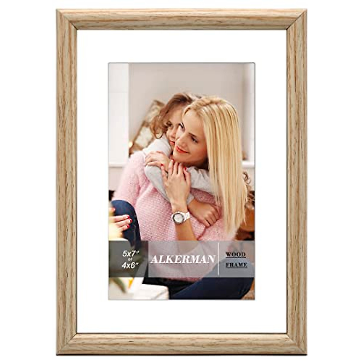 Alkerman 5x7 Picture Frame,Display Pictures 4x6 with Mat or 5x7 Without Mat, Natural Wood with High Definition Glass for Table Top Display and Wall Mounting Photo Frame