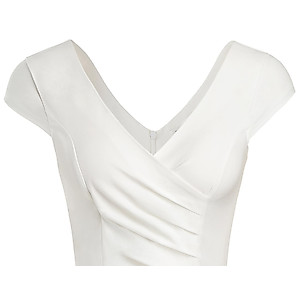 MUXXN Ladies Cut Out Neck High Stretch Pleated Wear to Work Midi Office Dress with Sleeve (Off White L)