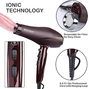 Xpoliman 2000 Watt Hair Dryer, Negative Ionic Blow Dryer with Diffuser Concentrator Comb, 2 Speed 3 Heat Settings, Low Noise Long Life Style-Brown/Purple