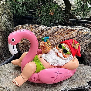 Mood Lab Garden Gnome on Flamingo - Funny Gnome Figurine - 8 Inch Depth Lawn Statue - for Outdoor or House Decor