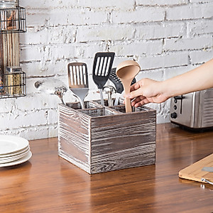 MyGift Rustic Torched Wood Square Cooking Utensil Holder for Kitchen Counter Organizer, Flatware Storage Caddy with 4 Divided Compartments
