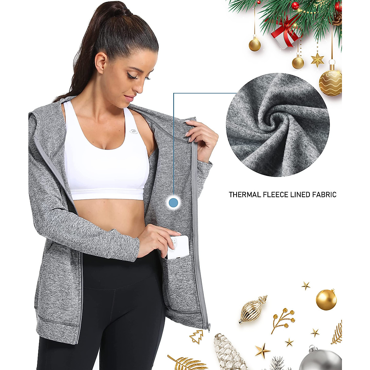 Hibelle Hoodys for Women Zipper, Womans Full Zipped Up Long Sleeve High Neck Moisture Sweat Wicking Trendy Running Jackets with Hoodie Kangaroo Pockets Sweatshirt Space Dye Gray Large