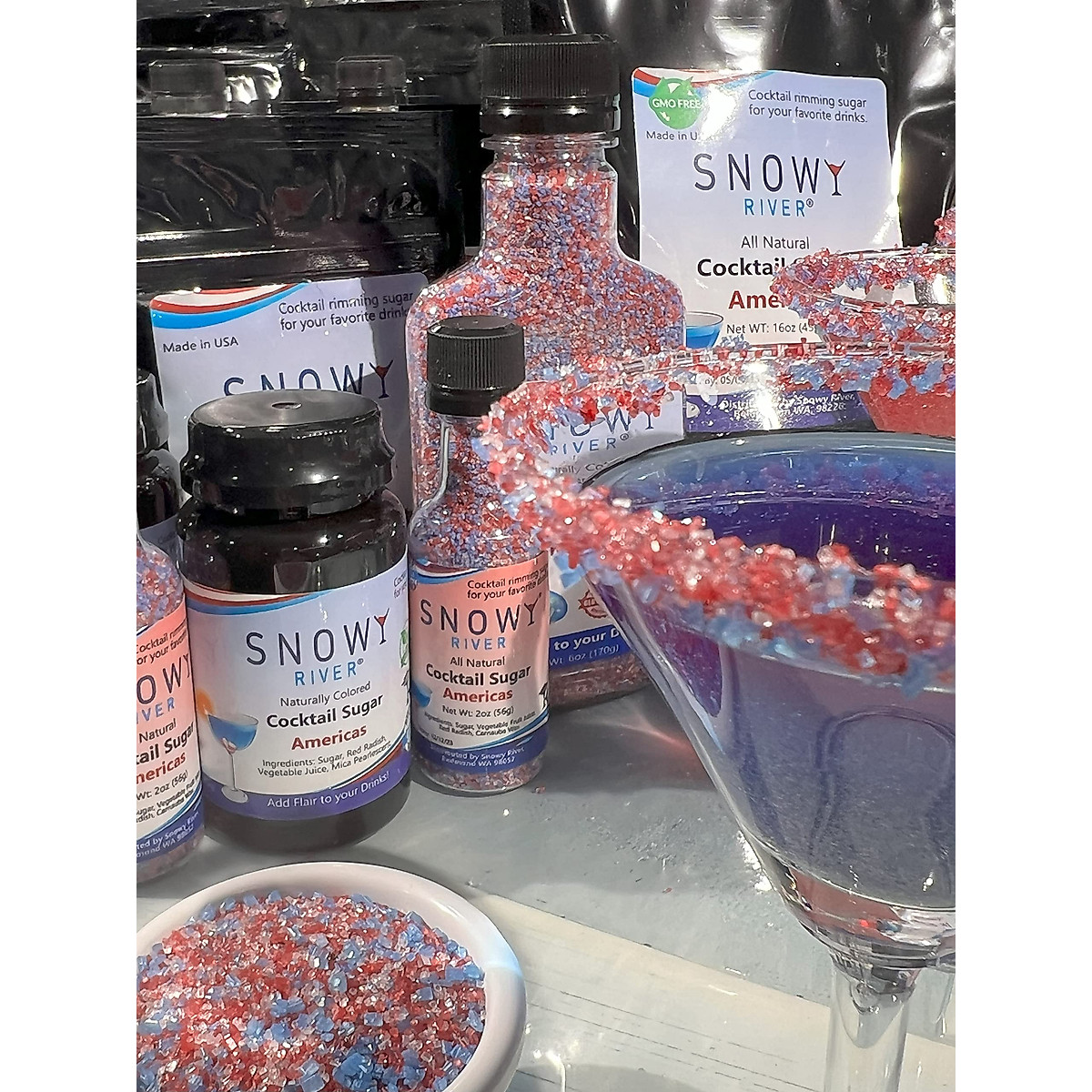 Snowy River Americas Cocktail Sugar - Kosher All Natural Red, White, and Blue Cocktail Rimmer and Coffee Rimmer (Americas, 4oz Bag)