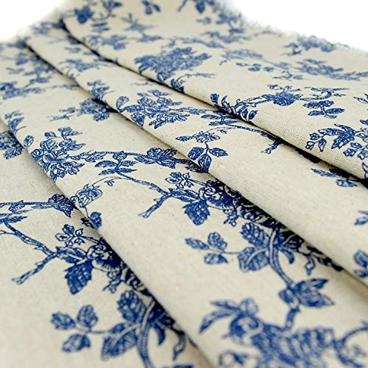 Linen Cotton Printed Fabric for Home Decoration and Crafting by The Meter(Classical Blue Floral Pattern)