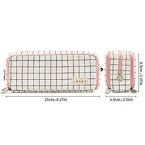 ANGOOBABY Large Pencil Case Big Capacity 3 Compartments Canvas Pencil Pouch for Teen Boys Girls School Students (Pink Strip Black Grid)