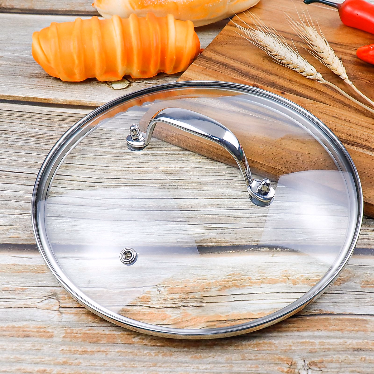 Tsnamay 8 Inch Clear Glass Pot Lid for Frying Pan Replacement Cover Can Withstand 356°F (180℃) with Stainless Steel Arch Bridge Handle,Bright Silver