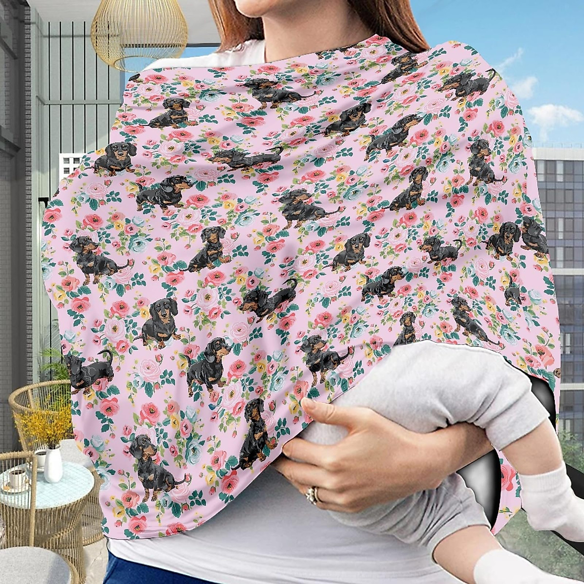 AFPANQZ Floral Dachshunds Baby Car Seat Cover Canopy and Nursing Cover Infant Car Canopy Spring Autumn Winter Snug Warm Breathable Windproof Open Peep Top Universal Fit Pink Flowers