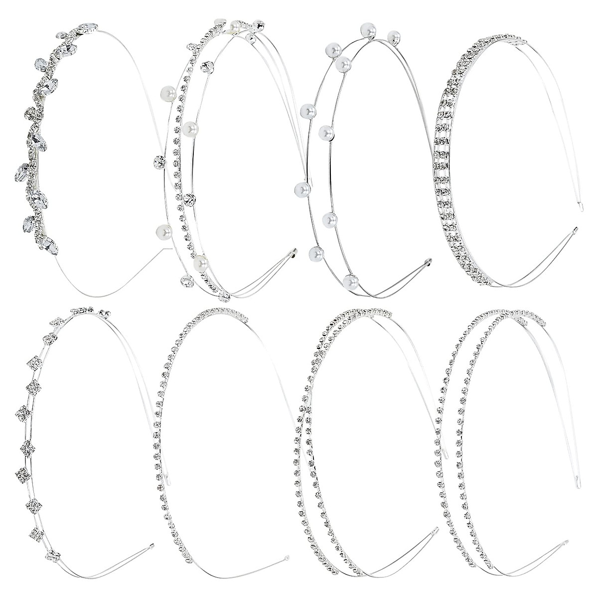 Lawie 8 Pack Sparkly Rhinestone Pearl Silver Metal Headbands,Double Slim Skinny Wire Hair Bands,Decorative Cross Hair Bands Accessories,Crown Tiara Hair Holder Fancy Hairbands for Women Girls
