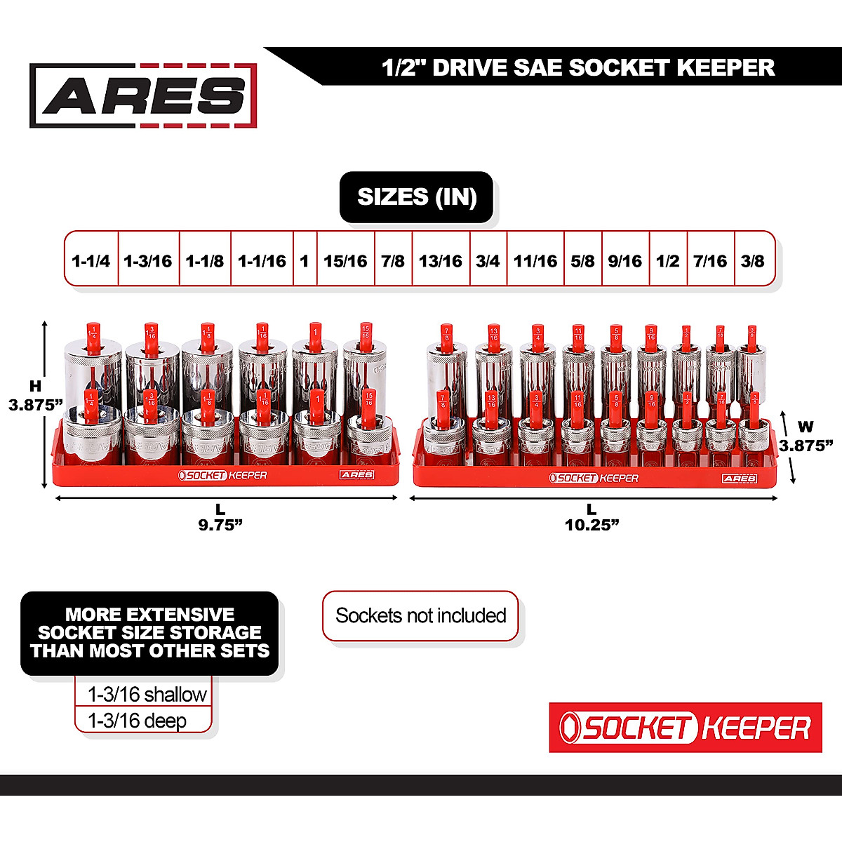 ARES 60178 – 8-Piece Metric & SAE Socket Keeper/Organizer Tray Set – Black & Green Socket Holders - Store 176 Standard & Deep Sockets - Socket Posts Feature High Visibility Markings