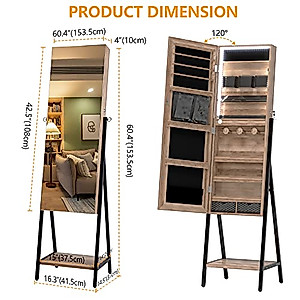 LVSOMT 3 LEDs Full Length Mirror Jewelry Cabinet, Standing Mirror with Jewelry Storage, Large Lockable Armoire for Necklaces, Earrings, Cosmetic Storage, Brown