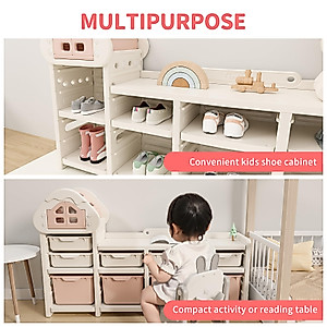 UNICOO Kids Cream House Storage Organizer with 3-Tier Shelves, Storage Rack & Bins for Nursery, Playroom, Study Room (Cream & Pink)