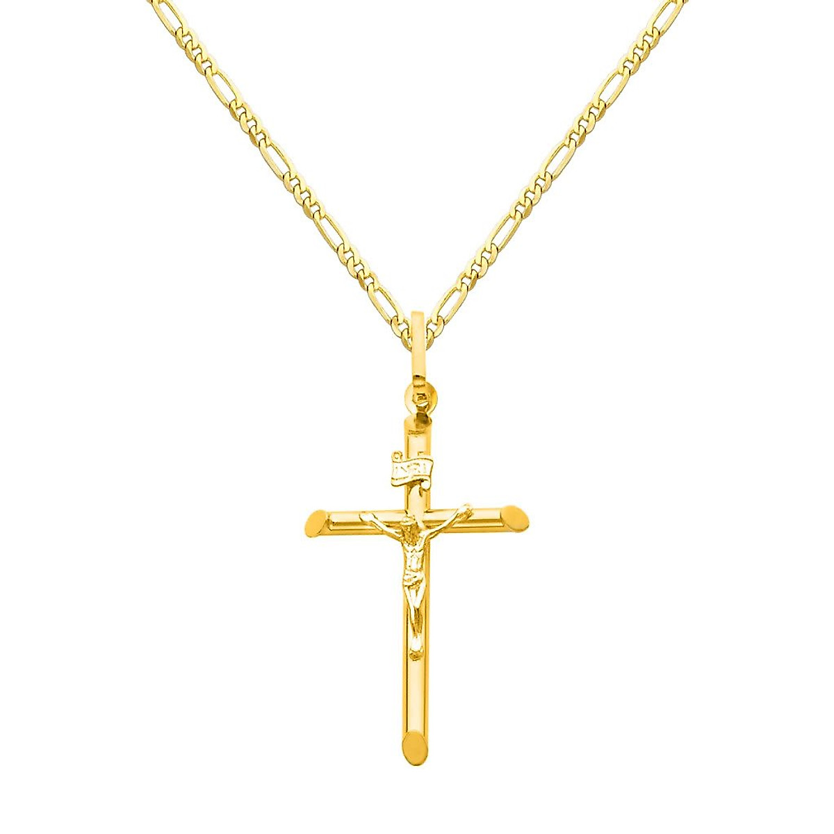 The World Jewelry Center 14k REAL Yellow Gold Crucifix Cross Pendant with 2mm Figaro Chain Necklace - 22"